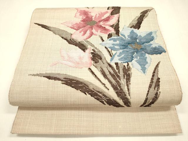 平和屋着物●八寸名古屋帯　すくい織　紬地　草花文　金銀糸　正絹　逸品　DABA0223cm