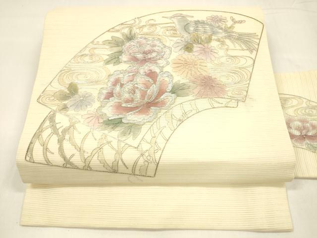 平和屋着物＊夏物　九寸名古屋帯　駒刺繍　総刺繍　地紙花鳥文　正絹　逸品　DABA0356cm