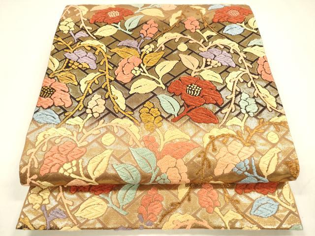 平和屋着物●六通柄袋帯　唐織　草花文　金糸　正絹　逸品　DABA0433cm