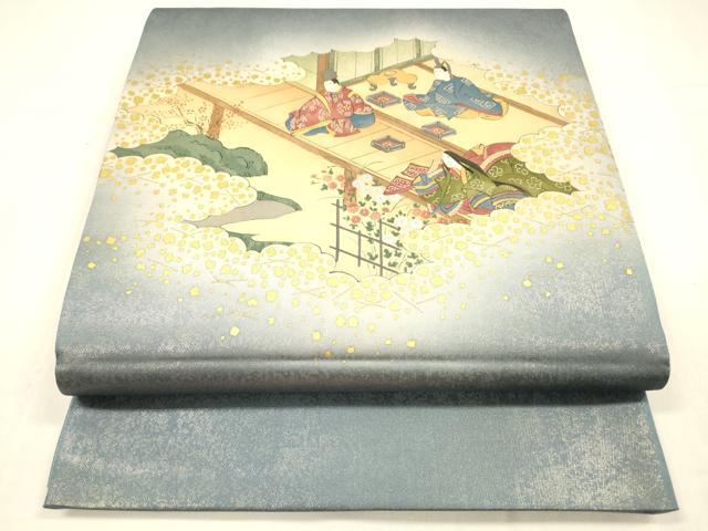 平和屋着物●友禅師・京の名工・伝統工芸士・樽本伊勢蔵　六通柄袋帯　人物風景文　金銀彩　金通し地　やまと誂製　正絹　逸品　DABA0434cm