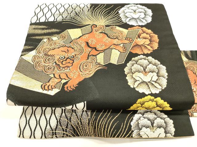 平和屋着物●アンティーク　大正ロマン　九寸名古屋帯　ふじにしき　唐獅子　舞花文　黒地　金糸　正絹　逸品　DABA0447cm