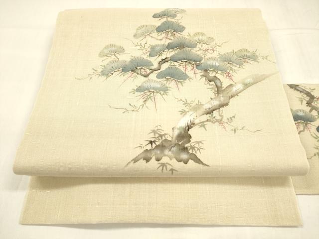 平和屋着物＊夏物　九寸名古屋帯　手描き　松文　藤花房　正絹　逸品　DABA0481cm