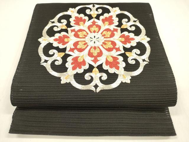 平和屋着物＊夏物　西陣　川島織物　絽綴れ　八寸名古屋帯　駒刺繍　総刺繍　正倉院花文　黒地　正絹　逸品　DABA0510cm