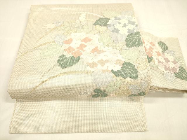 平和屋着物＊夏物　つけ帯　紫陽花草葉文　金銀糸　正絹　逸品　DABA0520cm