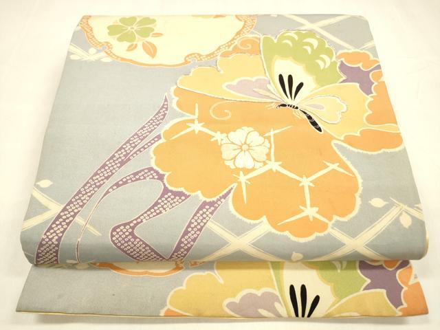 平和屋着物●アンティーク　大正ロマン　全通柄　京袋帯　引き抜き帯　駒刺繍　雪輪花蝶文　正絹　逸品　DABA0531cm