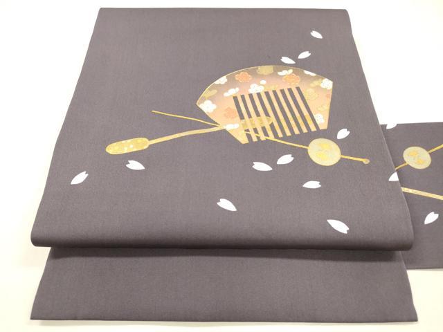 平和屋着物●塩瀬　九寸名古屋帯　駒刺繍　櫛　簪　舞花文　金銀彩　正絹　逸品　DABA0534cm