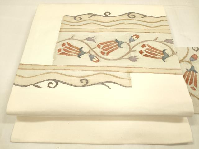 平和屋着物●九寸名古屋帯　洋花唐草文　正絹　逸品　DABA0555cm