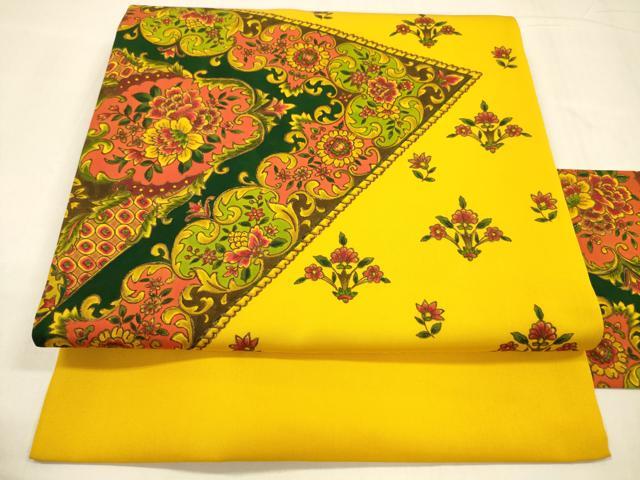 平和屋着物●塩瀬　九寸名古屋帯　手描き　更紗花文　正絹　逸品　DABA0556cm