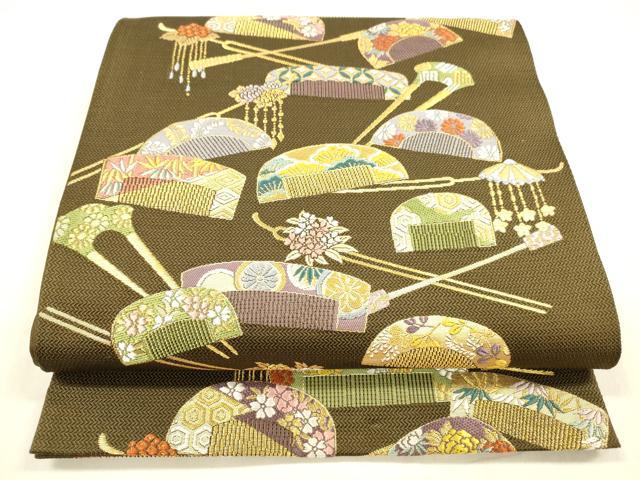 平和屋着物●六通柄袋帯　草花文　櫛　簪　金糸　正絹　逸品　DABA0564cm