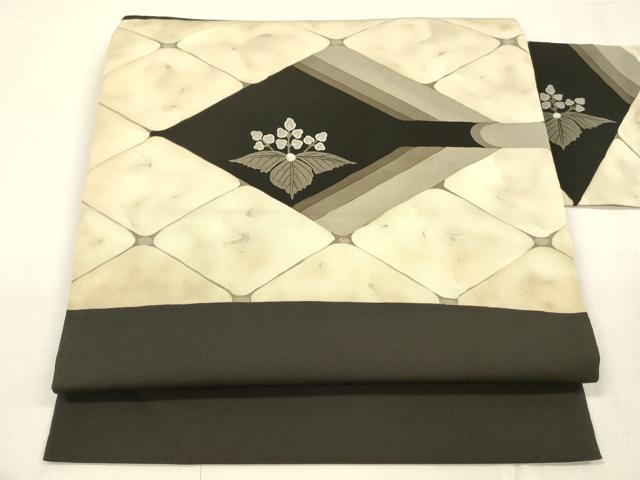 平和屋着物●塩瀬　九寸名古屋帯　草花文　黒地　銀彩　正絹　逸品　DABA0573cm