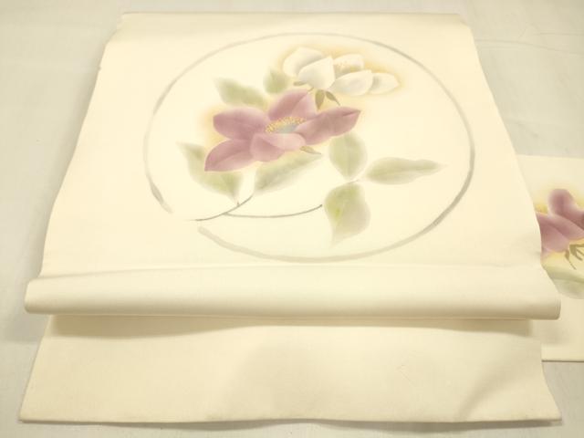 平和屋着物●塩瀬　九寸名古屋帯　枝花文　銀糸　正絹　逸品　DABA0575cm