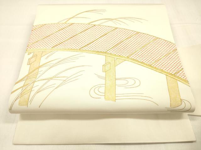 平和屋着物●塩瀬　九寸名古屋帯　駒刺繍　流水鹿の子渡橋文　金彩　正絹　逸品　DABA0576cm