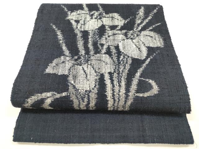 平和屋着物●八寸名古屋帯　紬地　流水杜若　正絹　逸品　DABA0581cm