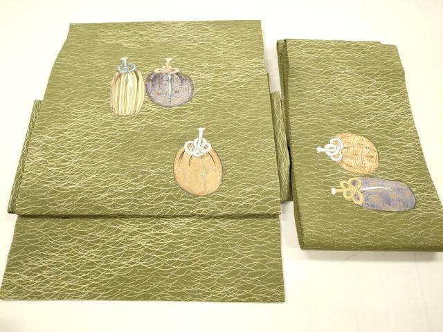 平和屋着物●つけ帯　手描き　仕覆文　金彩　正絹　逸品　DABA0589cm