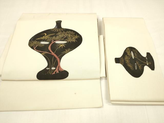 平和屋着物●塩瀬　つけ帯　器物飛鶴松文　金彩　正絹　逸品　DABA0591cm