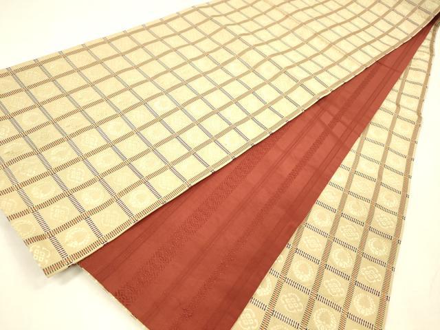 平和屋着物●本場筑前博多織　両面　全通柄　京袋帯　吉野間道　献上　赤紅色　正絹　逸品　DABA0598cm