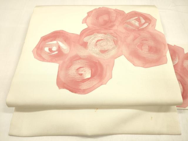 平和屋着物●塩瀬　九寸名古屋帯　ろうけつ染め　刺繍　薔薇　バラ　正絹　逸品　DABA0609cm