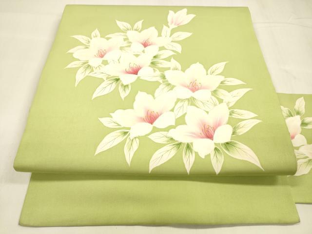 平和屋着物●塩瀬　九寸名古屋帯　手描き　草花文　正絹　逸品　DABA0638cm