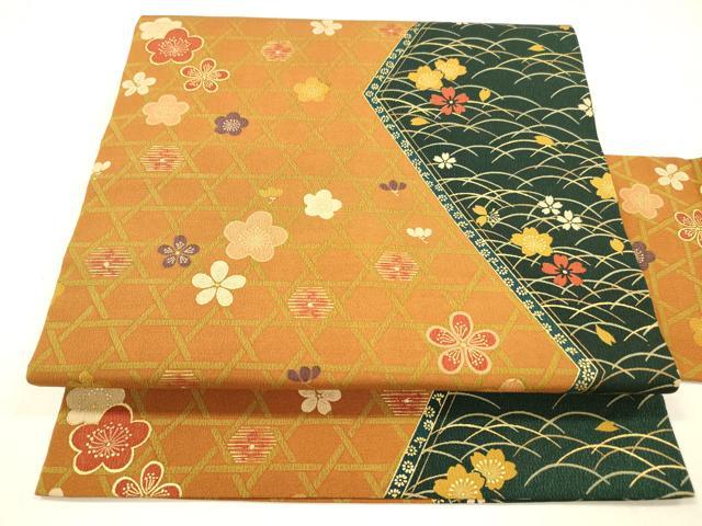 平和屋着物●全通柄九寸名古屋帯　芝花文　金彩　正絹　逸品　DABA0640cm