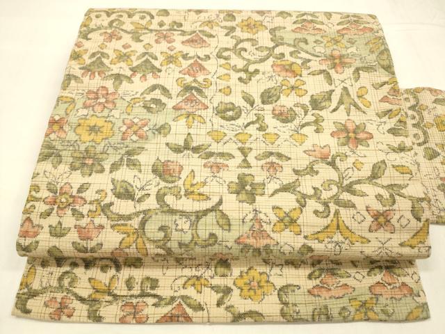平和屋着物●全通柄九寸名古屋帯　紬地　花唐草文　正絹　逸品　DABA0645cm
