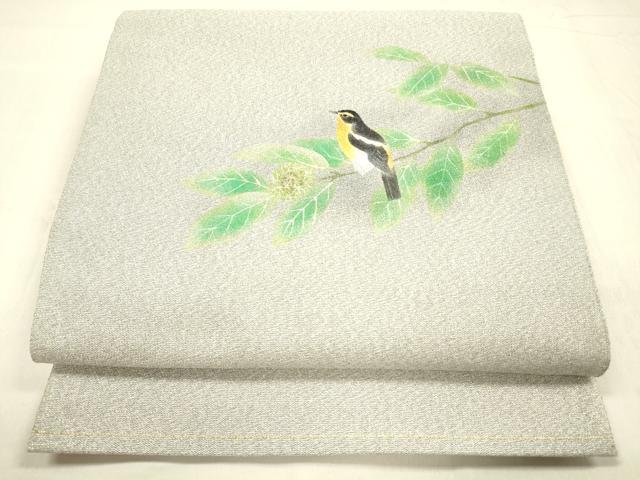 平和屋着物●文化功労者 日本画家　上村淳之　太鼓柄袋帯　花鳥文　銀通し地　正絹　逸品　DABA0646cm