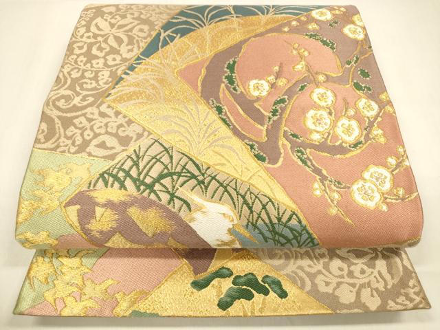 平和屋着物●六通柄袋帯　唐織　風景飛鳥枝花松文　金糸　正絹　逸品　DABA0769cm