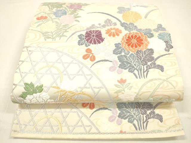 平和屋着物●六通柄袋帯　唐織　流水籬草花文　金糸　正絹　逸品　DABA0774cm