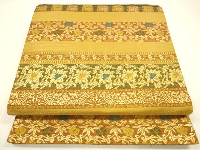 平和屋着物●六通柄袋帯　横段動物草花文　金糸　正絹　逸品　DABA0778cm