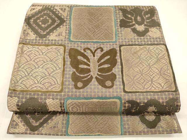 平和屋着物●六通柄袋帯　唐織　松葉花蝶文　正絹　逸品　DABA0779cm