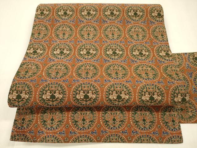 平和屋着物●全通柄九寸名古屋帯　円文白虎朱雀錦　正絹　逸品　DABA0787cm