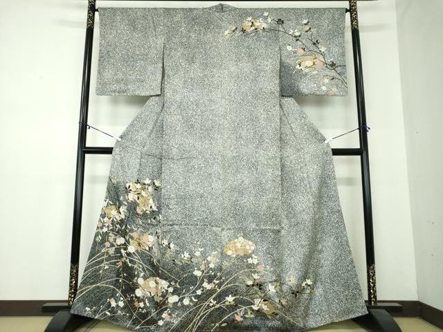 平和屋着物●訪問着　地紙花文　黒地　たたき染め　金彩　正絹　逸品　未使用　DABA1055ps