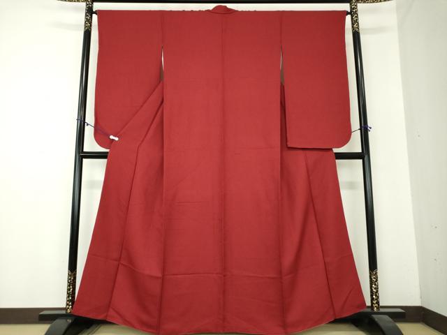 平和屋着物●小振袖　二尺袖　霞地紋　色無地　深赤色　正絹　逸品　DABA1071ps