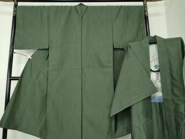 平和屋着物●男性　紬　アンサンブル　濃柳煤竹色　正絹　逸品　DABA1078ps