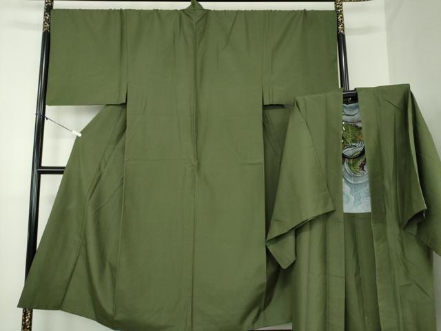 平和屋着物●男性　紬　アンサンブル　キングサイズ　長羽織　老竹色　やまと誂製　正絹　逸品　DABA1079ps