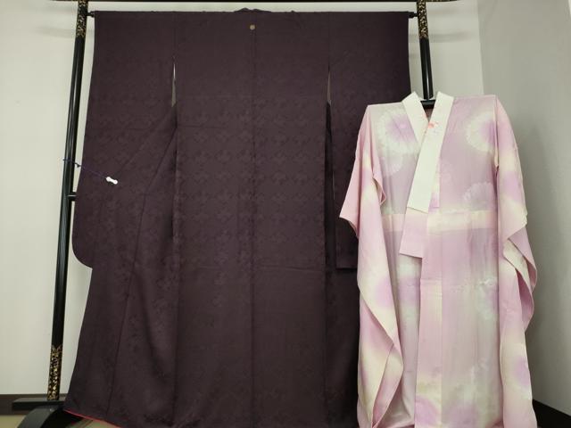 平和屋着物●豪華振袖　長襦袢(無双仕立て・半衿刺繍)セット　ふくれ織　花菱地紋　濃黒紅色　正絹　逸品　DABA1086ps