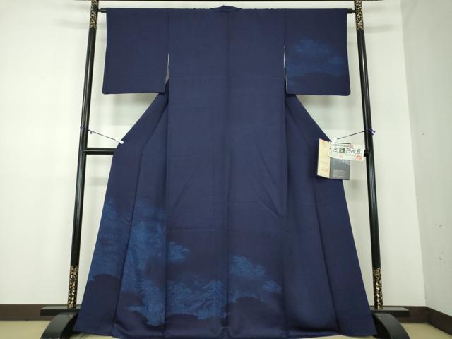 平和屋着物●藍造り国選定無形文化財　藍師・佐藤昭人　訪問着　変り織　ろうけつ染め　風景文　認定証・証紙付き　正絹　逸品　DABA1153ps