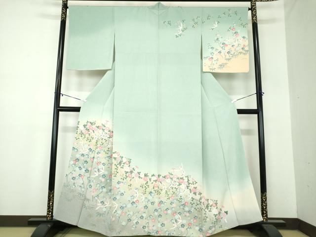 平和屋着物●訪問着　飛鶴花文　暈し染め　金銀彩　正絹　逸品　DABA1173ps