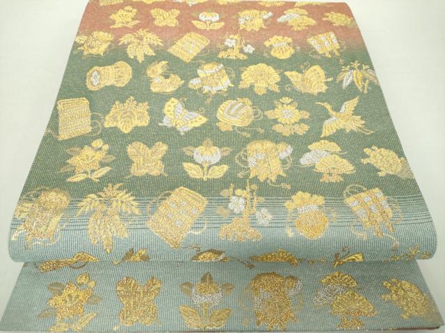 平和屋着物●六通柄袋帯　宝尽くし飛鶴花文　金銀糸　正絹　逸品　DABA1189ps