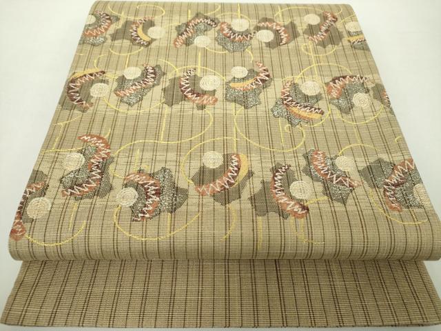 平和屋着物▽太鼓柄袋帯　スリーシーズン帯　春　夏　秋　紬地　抽象文様　金糸　正絹　逸品　DABA1190ps