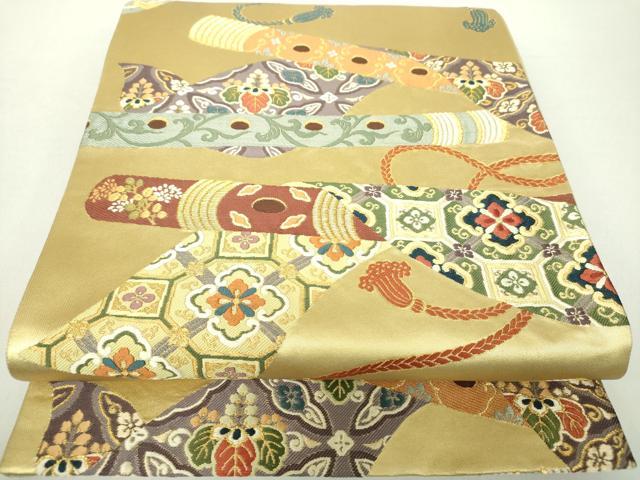 平和屋着物●六通柄袋帯　唐織　能衣雅楽文　金糸　正絹　逸品　DABA1197ps