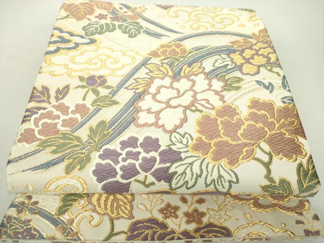 平和屋着物●坂下織物謹製　六通柄袋帯　錦繍綴唐織　彩花波雲文　金糸　正絹　逸品　DABA1211ps