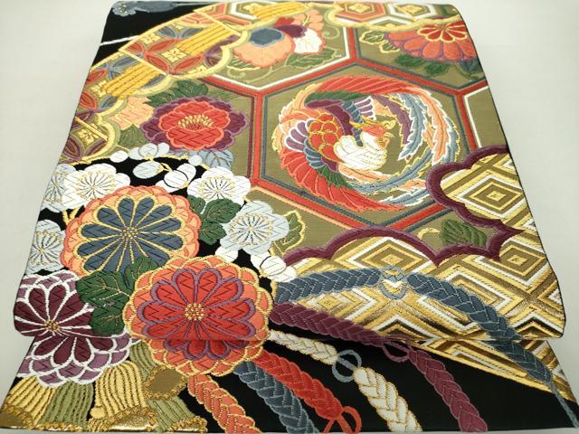 平和屋着物●六通柄袋帯　唐織　檜扇亀甲鳳凰花文　黒地　金糸　正絹　逸品　DABA1216ps