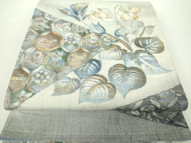 平和屋着物●太鼓柄袋帯　小千谷紬　刺繍　草花文　金糸　正絹　逸品　DABA1217ps