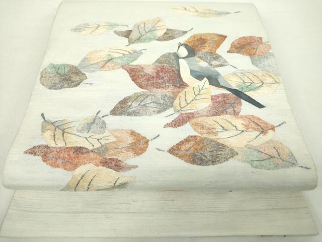 平和屋着物●太鼓柄袋帯　紬地　すくい織　休み鳥　舞葉文　正絹　逸品　DABA1218ps