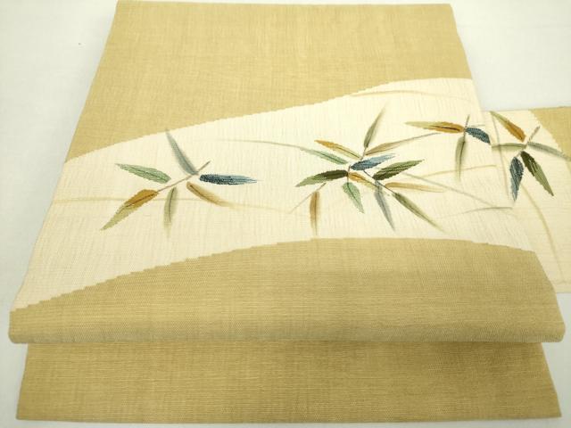 平和屋着物●九寸名古屋帯　手描き　草葉文　銀糸　正絹　逸品　DABA1251ps