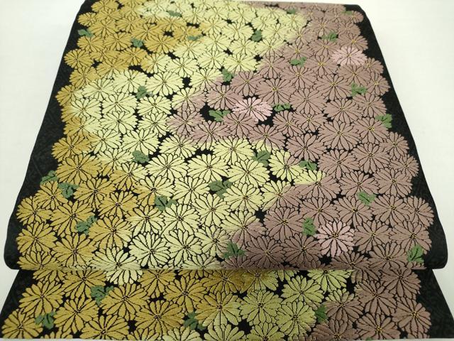 平和屋着物●全通柄袋帯　唐織　菊尽くし　黒地　金糸　正絹　逸品　DABA1280ps