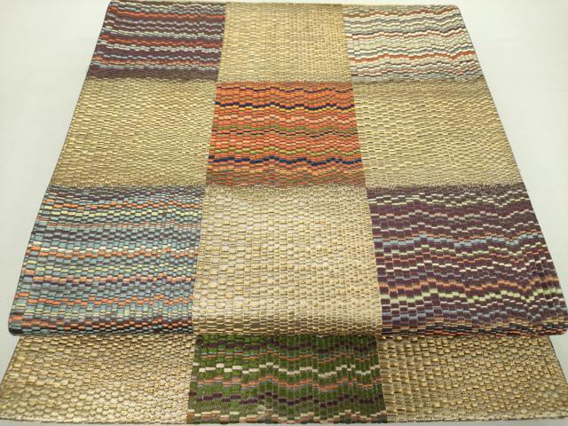 平和屋着物●西陣河村織物謹製・手織り　六通柄袋帯　唐織　手おり　粋彩市松紋　金糸　正絹　逸品　DABA1295ps