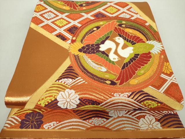 平和屋着物●西陣　河合美術織物謹製　六通柄袋帯　唐織　向かい鳥花文　金糸　正絹　逸品　DABA1297ps