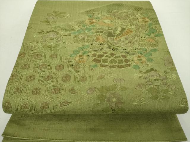 平和屋着物●中国三大刺繍 スワトウ相良刺繍 汕頭相良刺繍 総刺繍 太鼓柄袋帯 紬地 絽刺し 鳳凰花文 反端付き 正絹 逸品 DABA1319ps