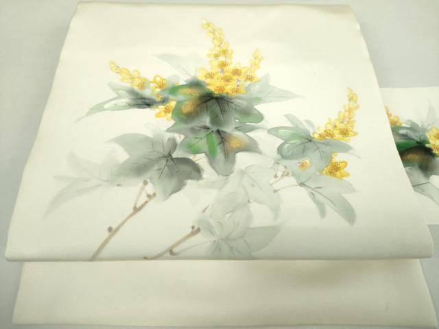 平和屋着物●塩瀬　九寸名古屋帯　作家物　手描き　枝花文　金彩　正絹　逸品　DABA1334ps